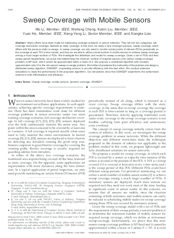 (PDF) Sweep Coverage with Mobile Sensors