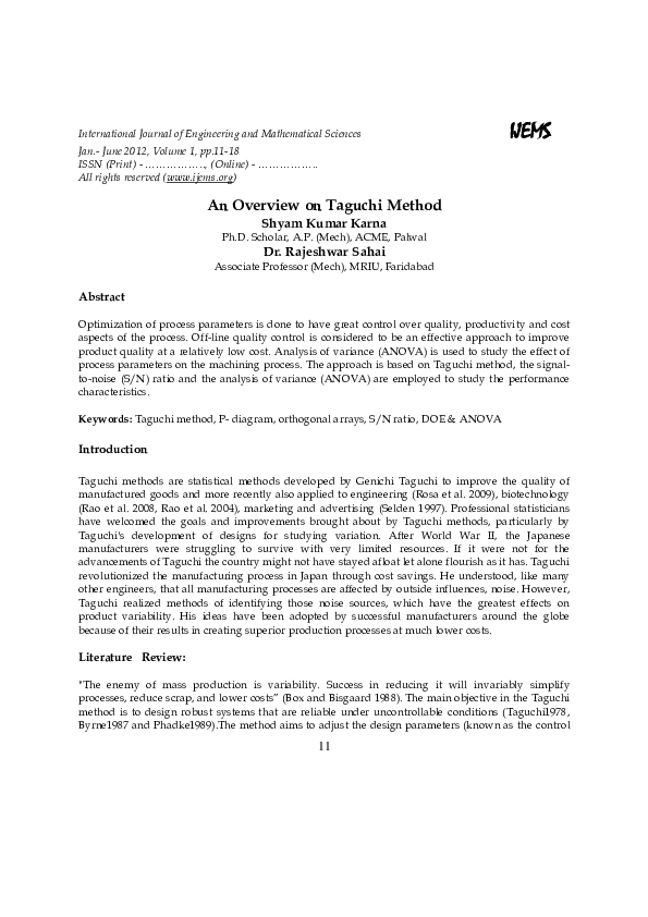 (PDF) An Overview on Taguchi Method