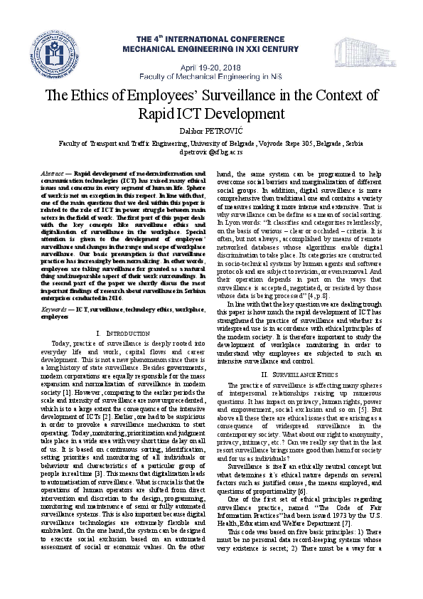 (PDF) The Ethics of Employees Surveillance in the Context of Rapid ICT ...