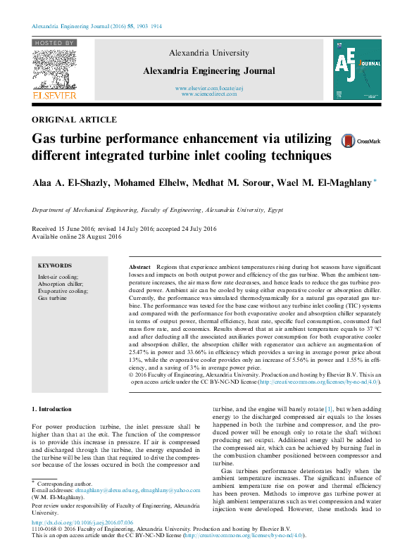 Pdf Gas Turbine Performance Enhancement Via Utilizing Diﬀerent Integrated Turbine Inlet