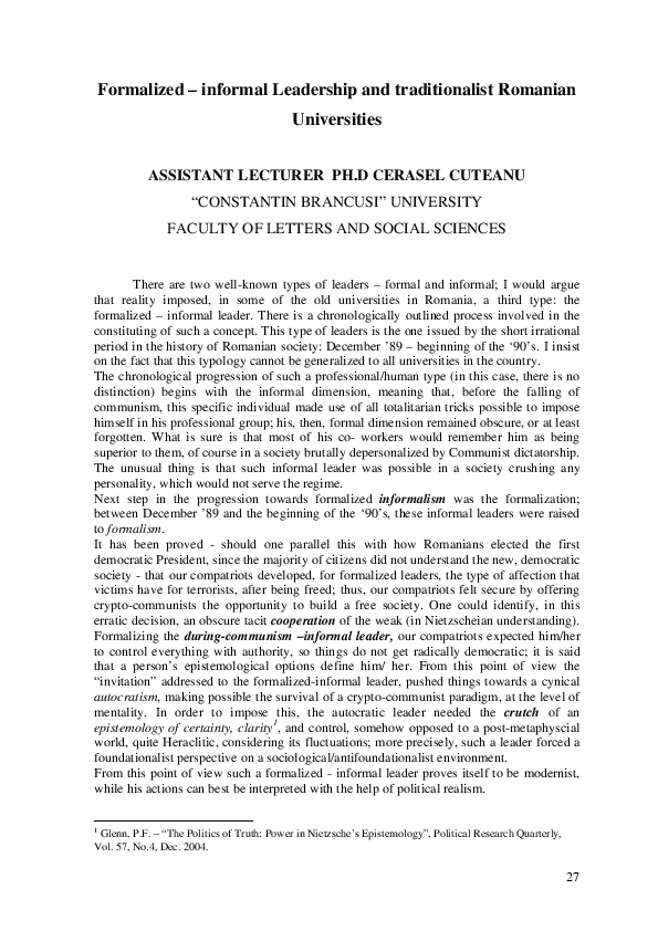 (PDF) Formalized – informal Leadership and traditionalist Romanian ...