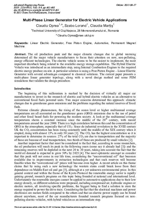 (PDF) Multi-Phase Linear Generator for Electric Vehicle Applications