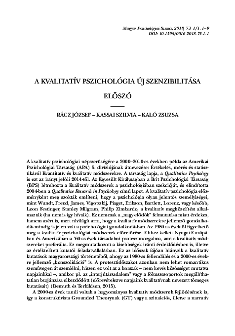 (PDF) A KVALITATÍV PSZICHOLÓGIA ÚJ SZENZIBILITÁSA. ELŐSZÓ | Jozsef Racz ...