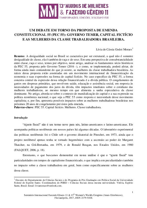 (PDF) UM DEBATE EM TORNO DA PROPOSTA DE EMENDA CONSTITUCIONAL 55 (PEC ...