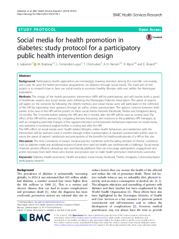 (PDF) Social media for health promotion in diabetes: study protocol for ...