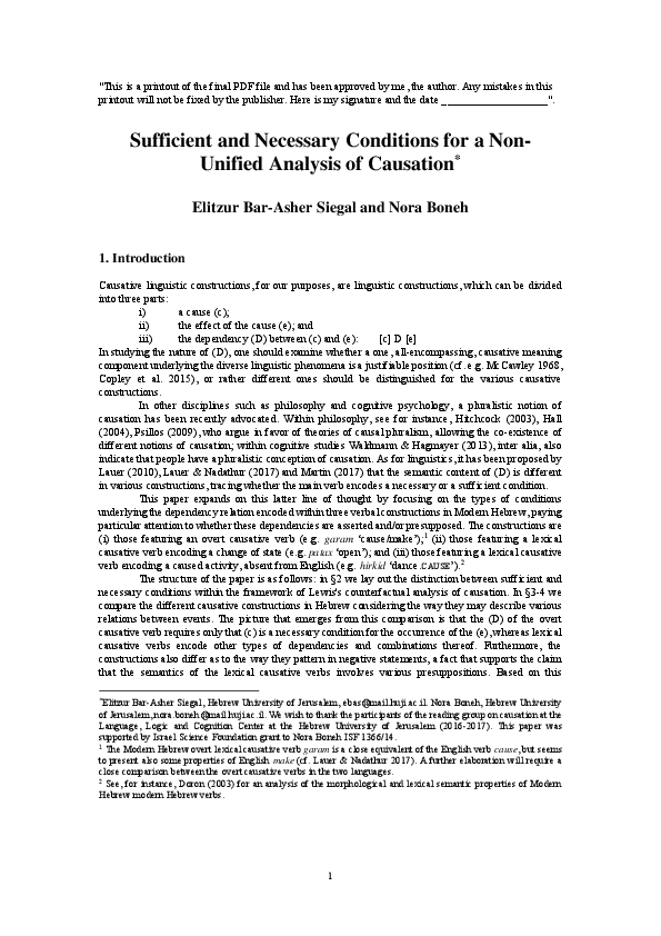 (PDF) Sufficient and Necessary Conditions for a Non-Unified Analysis of Causation