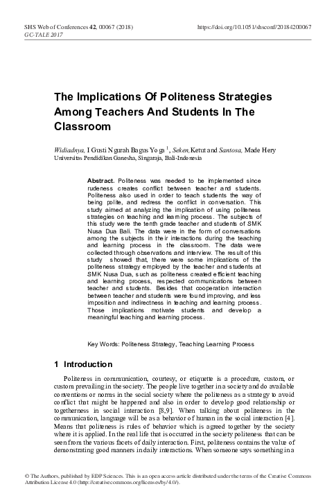 (PDF) The Implications of Politeness Strategies among Teachers and ...