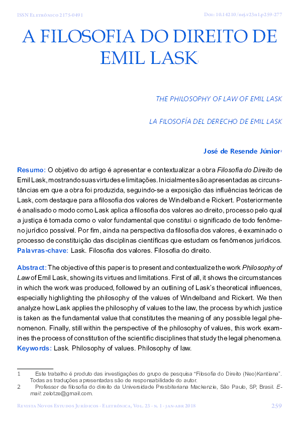 (PDF) A filosofia do direito de Emil Lask
