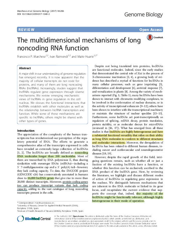 (PDF) The multidimensional mechanisms of long noncoding RNA function