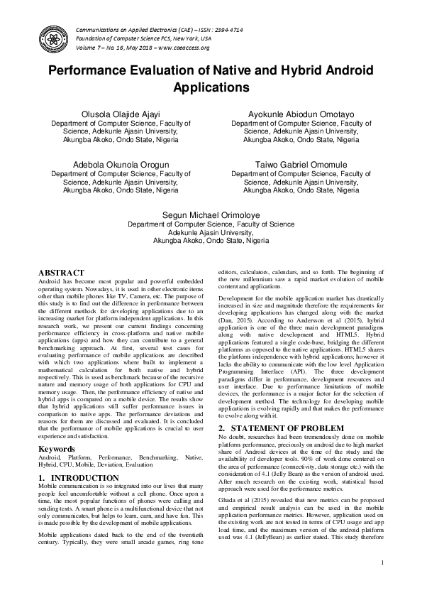 (PDF) Performance Evaluation of Native and Hybrid Android Applications