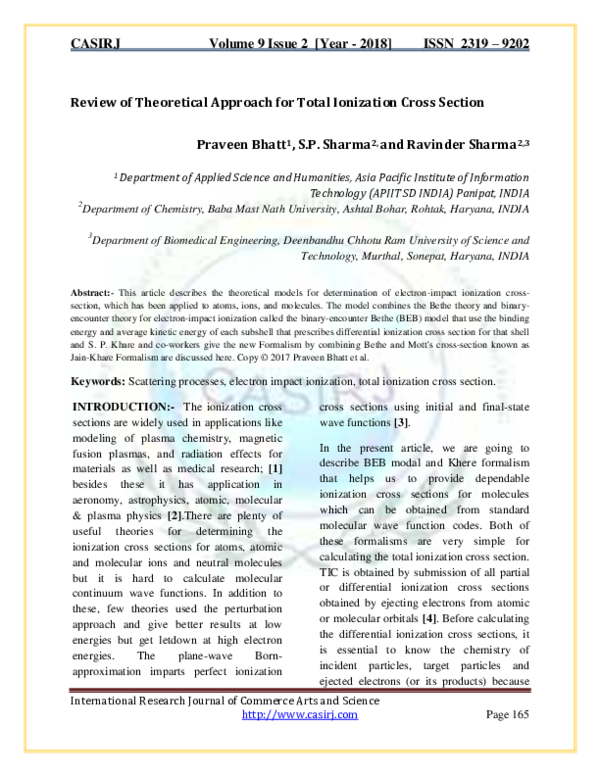 Pdf Review Of Theoretical Approach For Total Ionization Cross Section