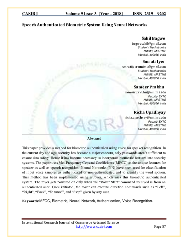 (PDF) Speech Authenticated Biometric System Using Neural Networks