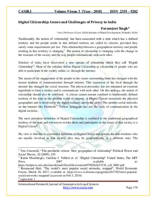 (PDF) Digital Citizenship: Issues and Challenges of Privacy in India
