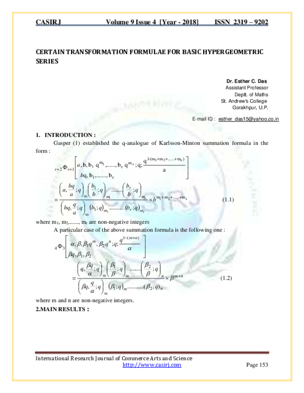 Pdf Certain Transformation Formulae For Basic Hypergeometric Series