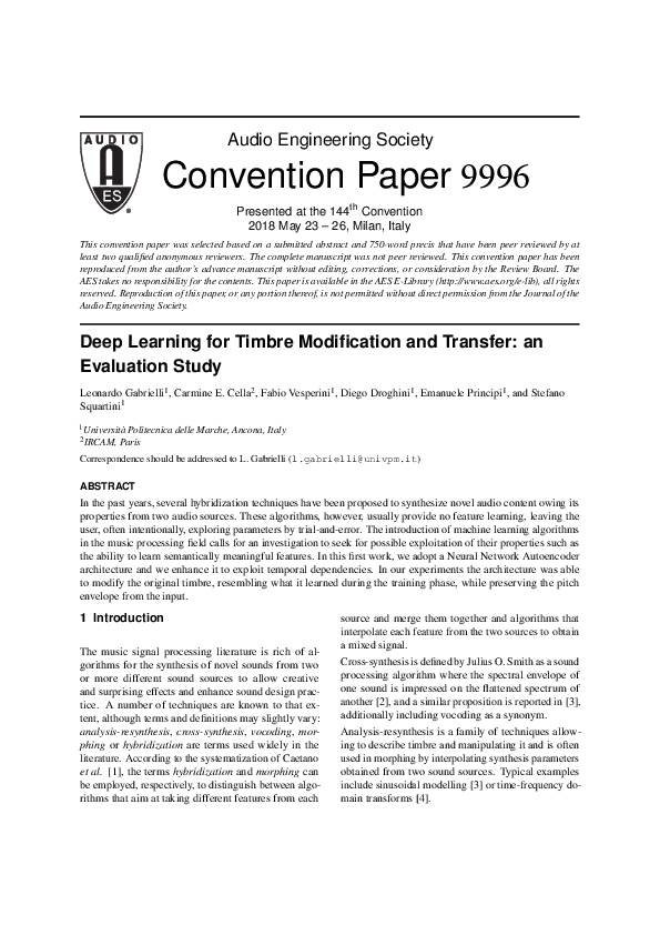 (PDF) Deep Learning for Timbre Modification and Transfer: an Evaluation Study