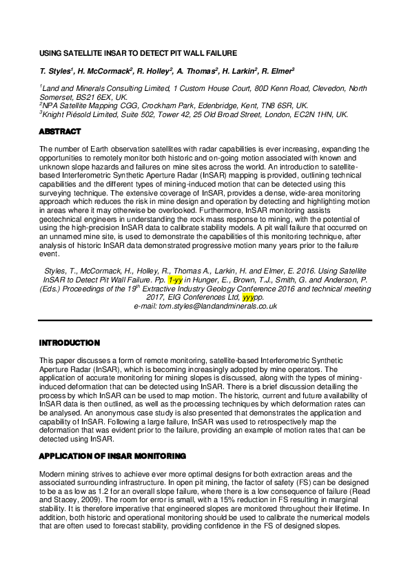 (PDF) Using satellite InSAR to detect pit wall failure | Tom Styles ...