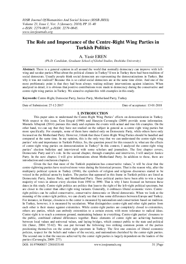 (PDF) The Role and Importance of the Centre-Right Wing Parties in ...