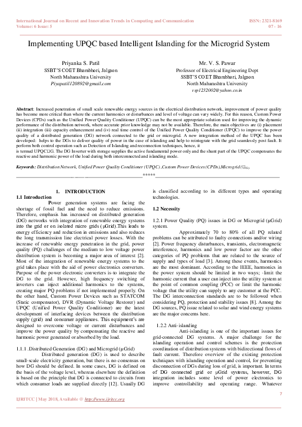 Pdf Implementing Upqc Based Intelligent Islanding For The Microgrid
