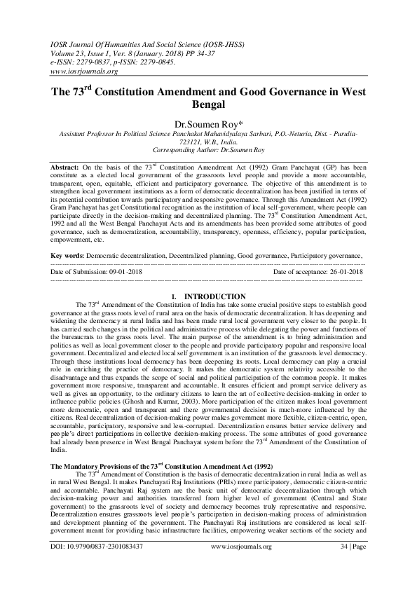 (PDF) The 73 rd Constitution Amendment and Good Governance in West Bengal