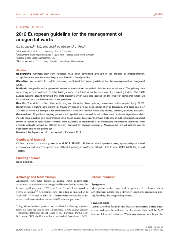 (PDF) 2012 European guideline for the management of anogenital warts