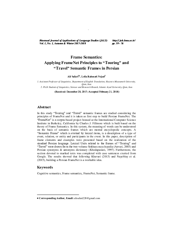 Pdf Frame Semantics Applying Framenet Principles To Touring And Travel Semantic