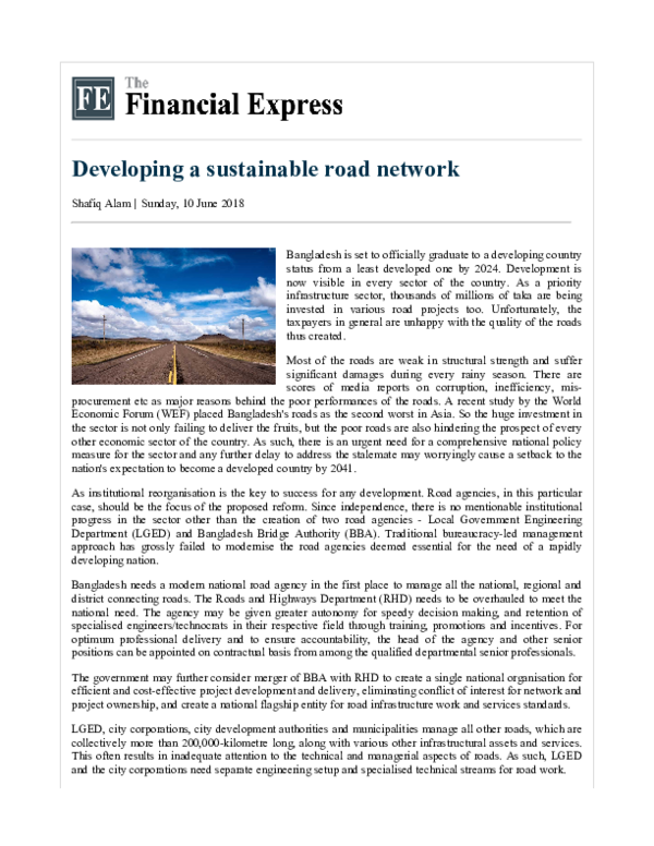 (PDF) Developing a sustainable road network