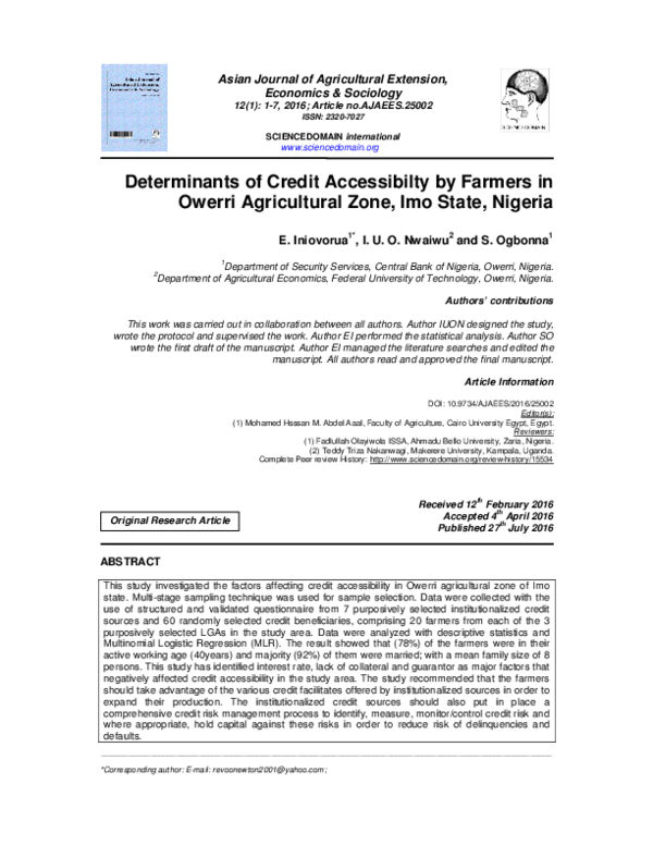 (PDF) Determinants of Credit Accessibilty by Farmers in.pdf