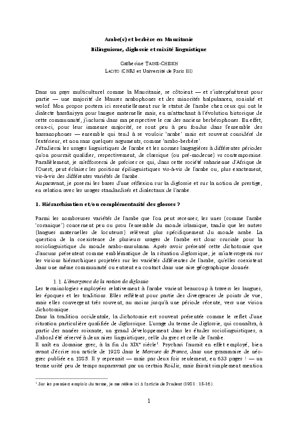 (PDF) Arabe(s) et berbère en Mauritanie. Bilinguisme, diglossie et ...