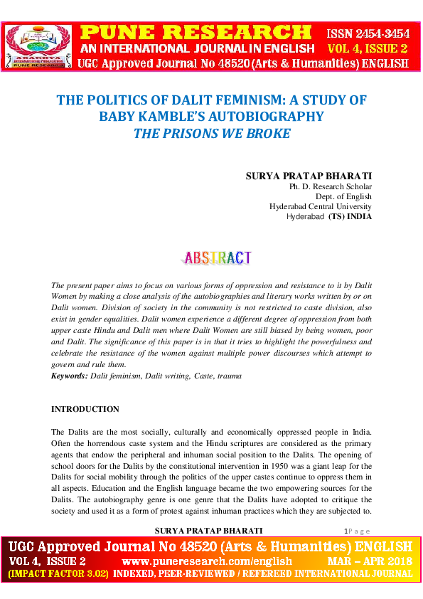 (PDF) SURYA PRATAP BHARATI THE POLITICS OF DALIT FEMINISM: A STUDY OF ...