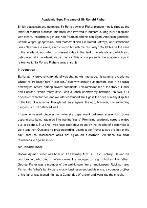 (DOC) Academic Ego: The case of Sir Ronald Fisher