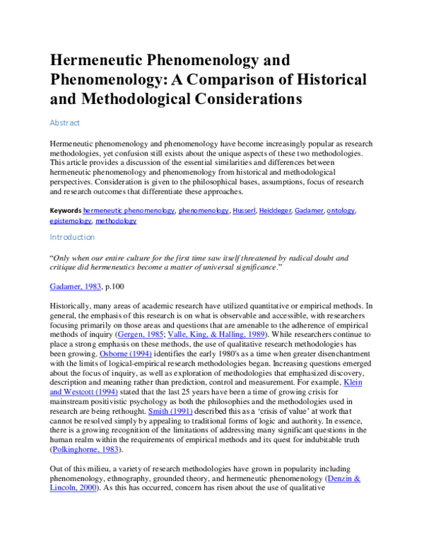 (DOC) Hermeneutic Phenomenology and Phenomenology: A Comparison of ... (DOC) Hermeneutic Phenomenology and Phenomenology: A Comparison of ...