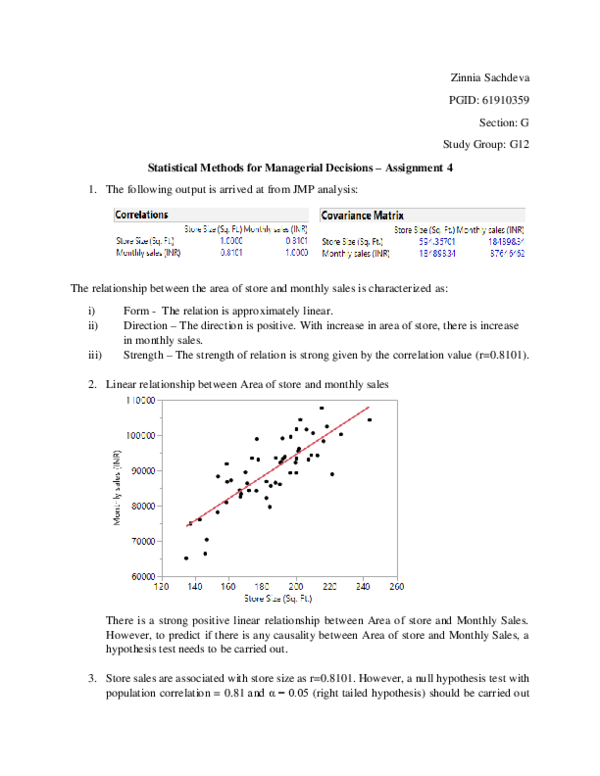 (PDF) Statistical Methods for Managerial Decisions – Assignment 4