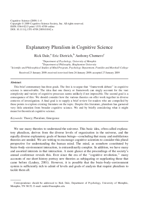 (PDF) Explanatory pluralism in cognitive science