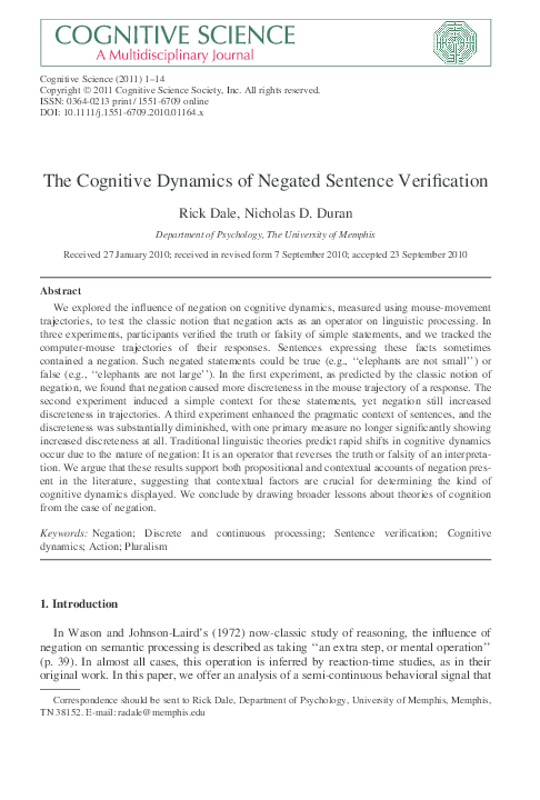 (PDF) The cognitive dynamics of negated sentence verification