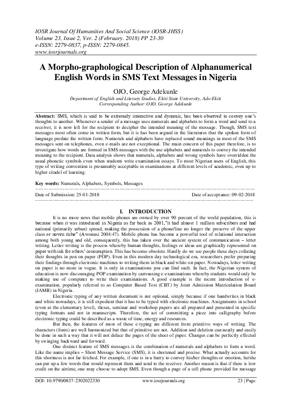 (PDF) A Morpho-graphological Description of Alphanumerical English Words in SMS Text Messages in ...
