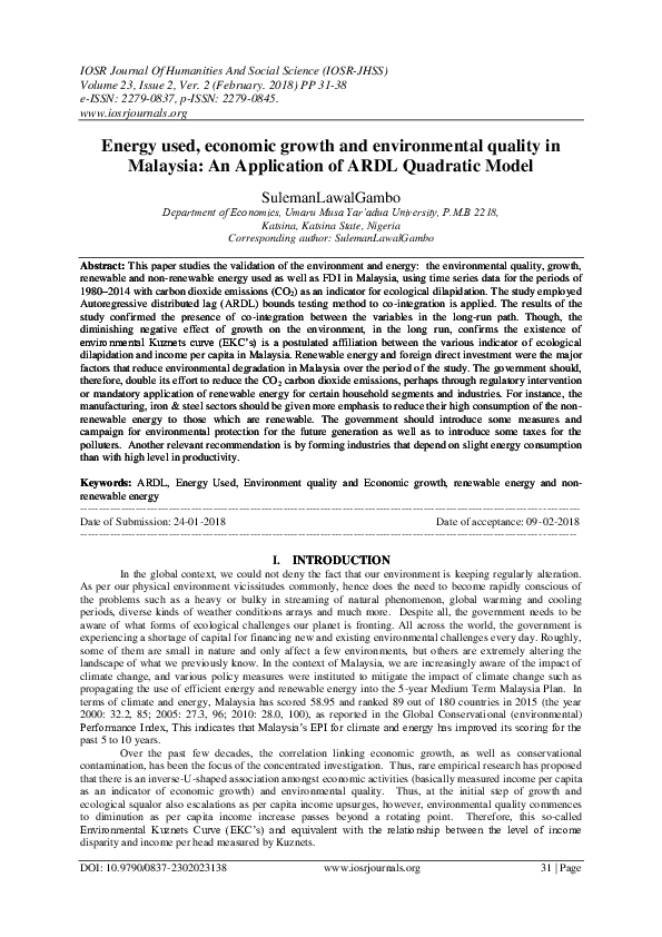 Pdf Energy Used Economic Growth And Environmental Quality In Malaysia An Application Of Ardl