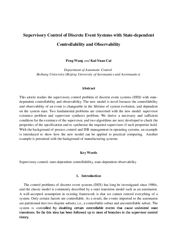 Pdf Supervisory Control Of Discrete Event Systems With State