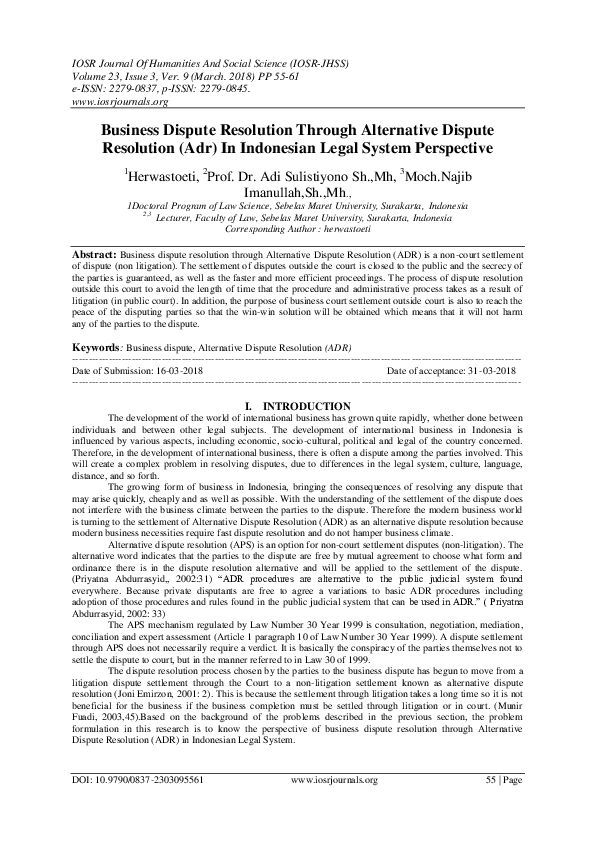 (PDF) Business Dispute Resolution Through Alternative Dispute ...