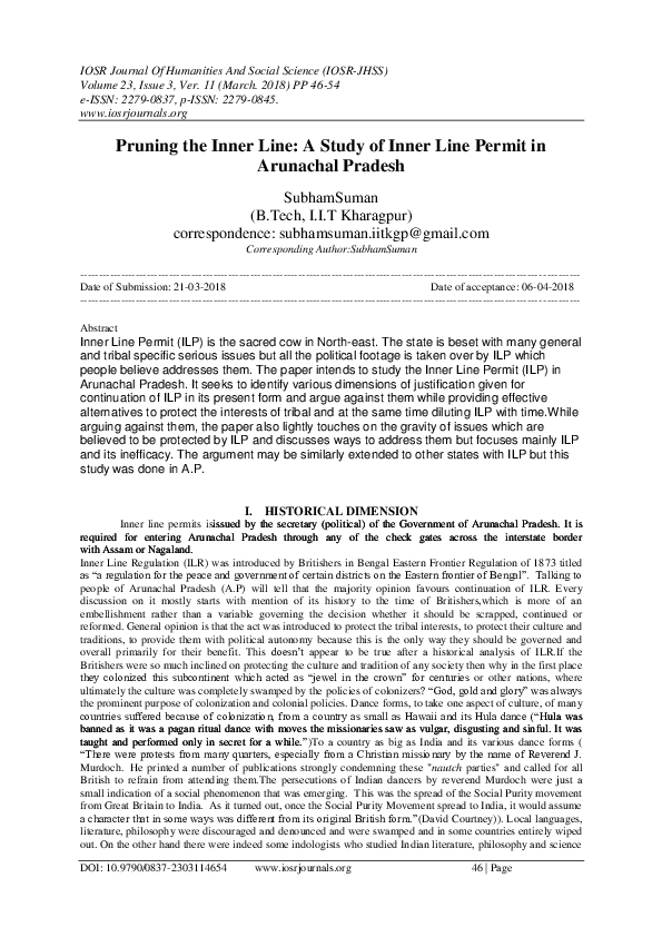(PDF) Pruning the Inner Line: A Study of Inner Line Permit in Arunachal ...