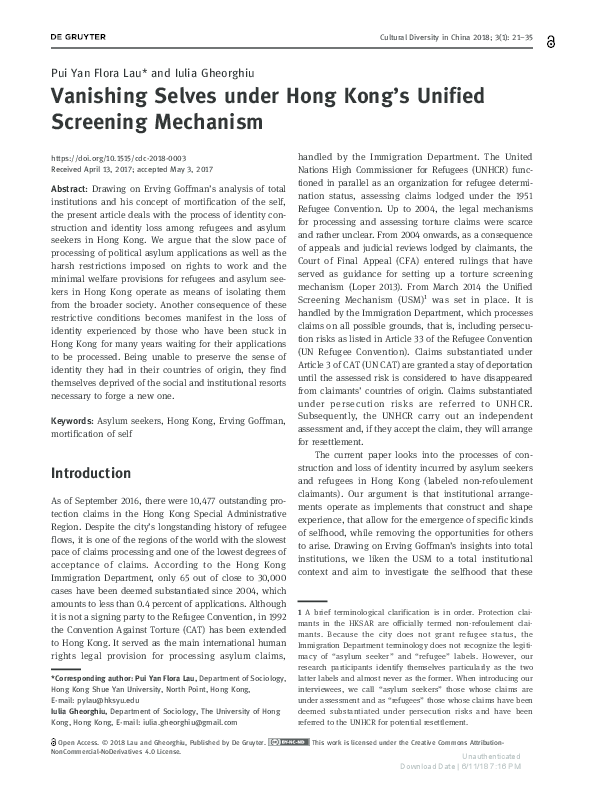(PDF) (2018) Vanishing Selves under Hong Kong's Unified Screening ...