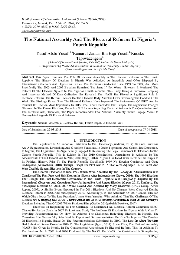 (PDF) The National Assembly And The Electoral Reforms In Nigeria's ...