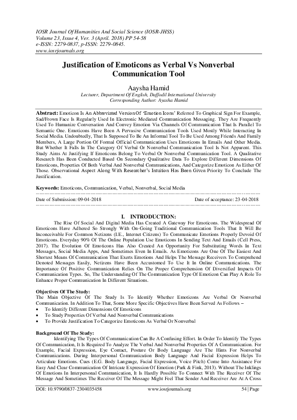 (PDF) Justification of Emoticons as Verbal Vs Nonverbal Communication Tool