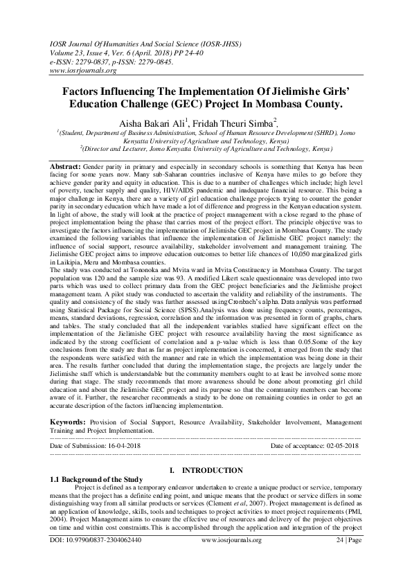(PDF) Factors Influencing The Implementation Of Jielimishe Girls ...