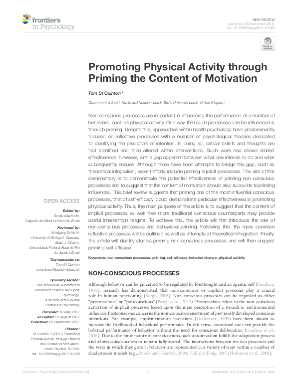(PDF) Promoting Physical Activity through Priming the Content of Motivation