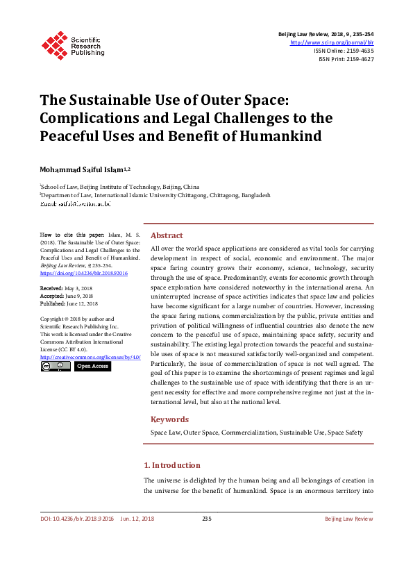 (PDF) The Sustainable Use of Outer Space: Complications and Legal ...