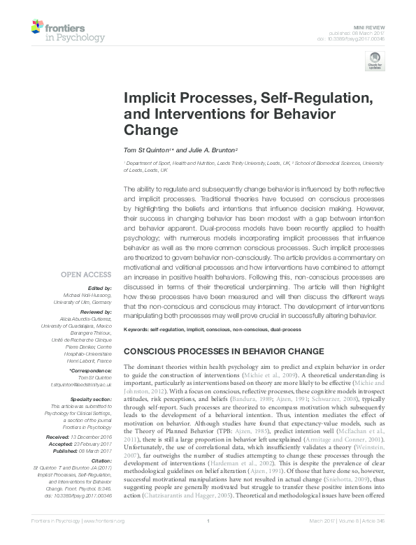 (PDF) Implicit Processes, Self-Regulation, and Interventions for Behavior Change