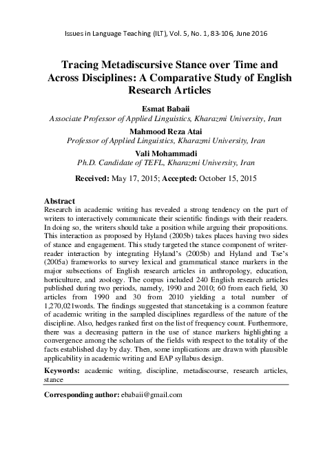 (PDF) Tracing Metadiscursive Stance over Time and Across Disciplines: A ...