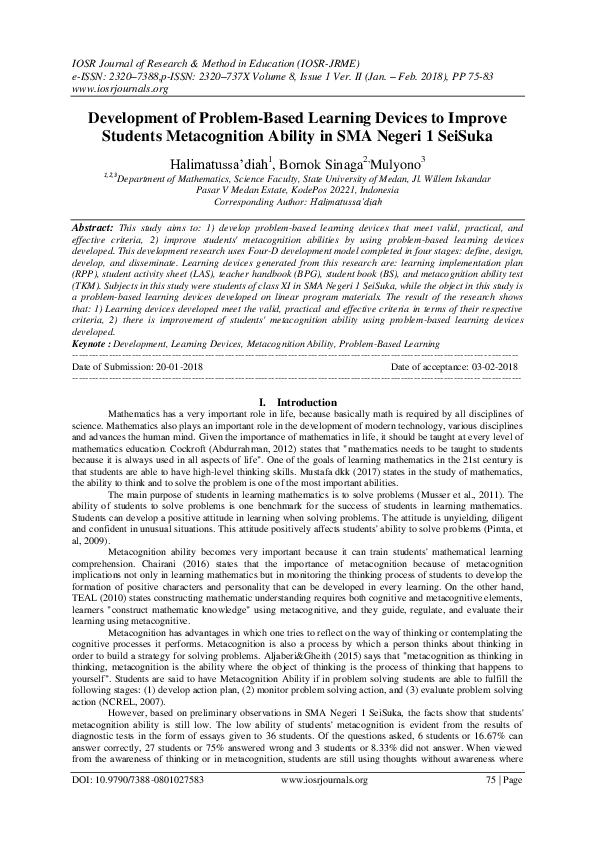 (PDF) Development of Problem-Based Learning Devices to Improve Students Metacognition Ability in ...