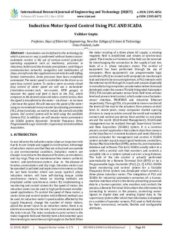 Pdf Induction Motor Speed Control Using Plc And Scada