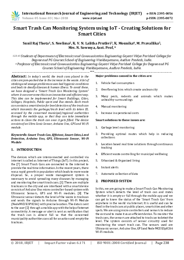 (PDF) Smart Trash Can Monitoring System using IoT -Creating Solutions ...